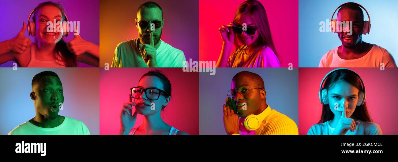 Collage of an ethnically diverse young people making faces isolated ...