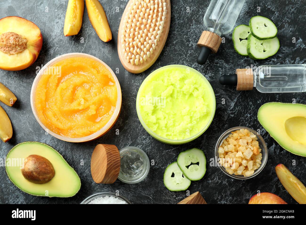 Natural spa cosmetics on black smokey background Stock Photo - Alamy