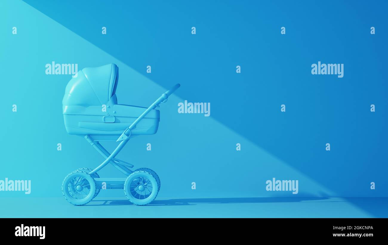 blue baby stroller side view on pink background. 3d rendering Stock ...