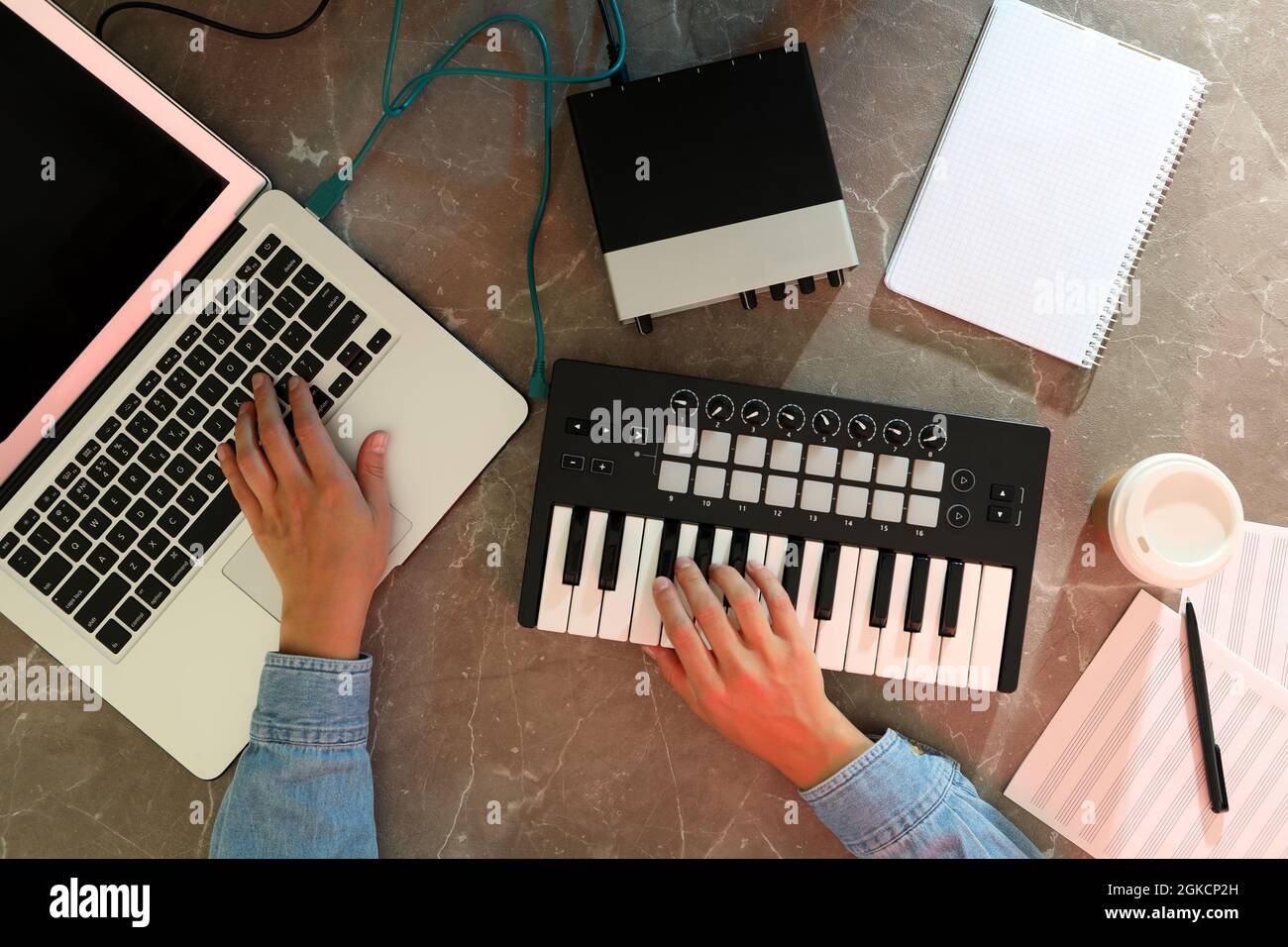 Musical producer working on his workplace, top view Stock Photo - Alamy