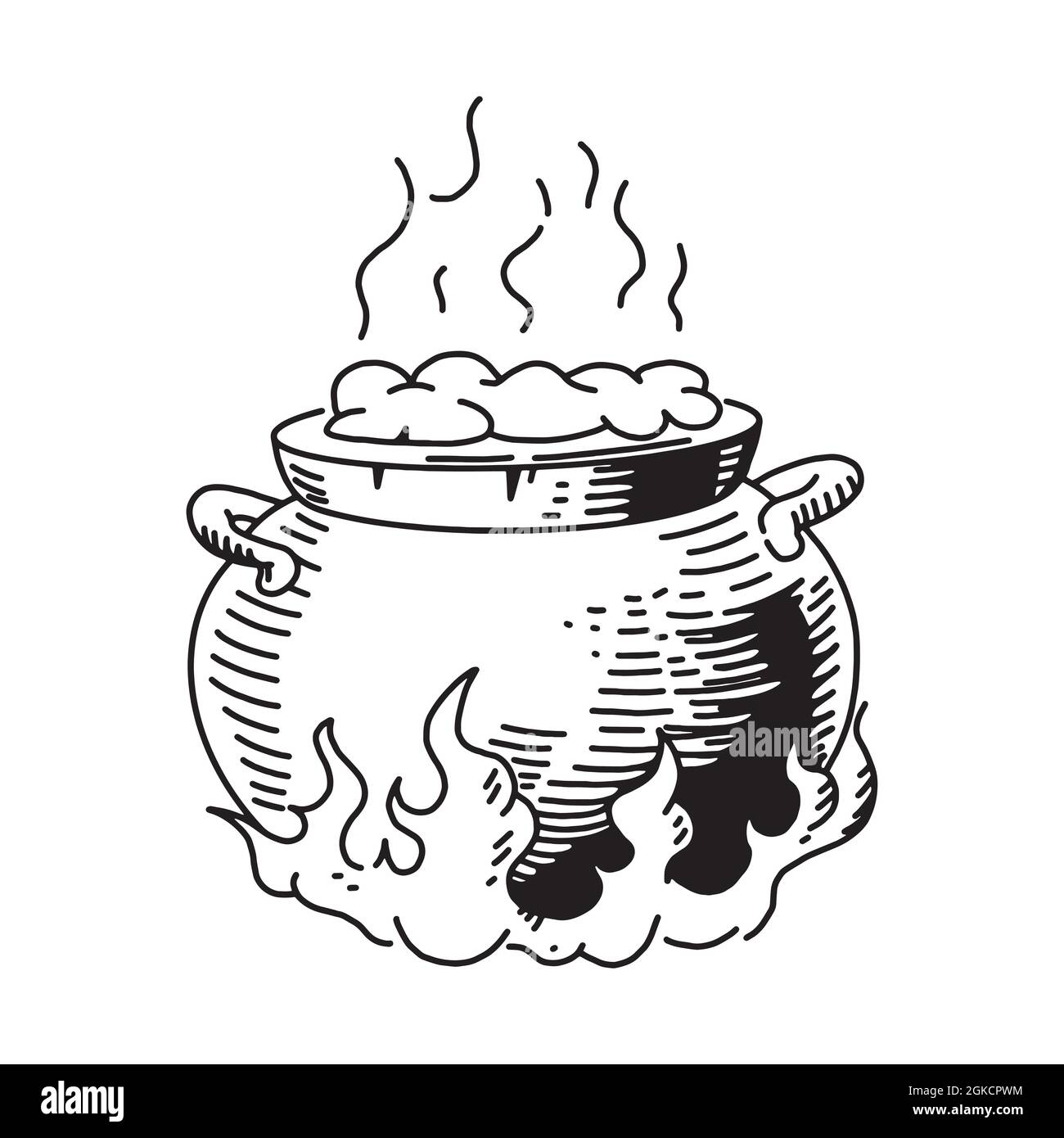 A witch's cauldron with a magic potion. A hand-drawn sketch in a ...