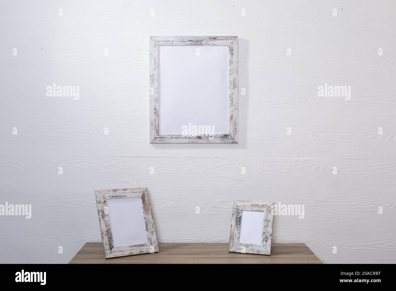 Composition of white card in frame with copy space and decorations on ...