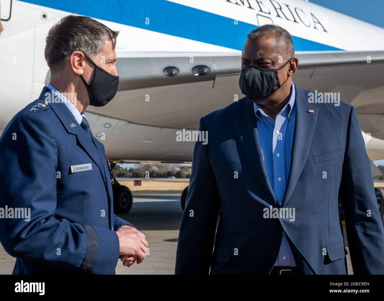 Secretary of Defense Lloyd J. Austin III, speaks with Lt. Gen. Kevin B ...