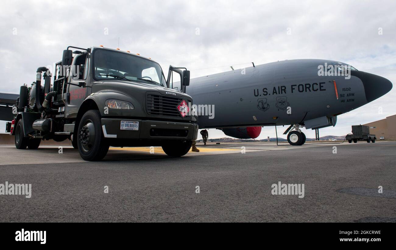 A U.S. Air Force 92nd Logistics Readiness Squadron fuel truck prepares ...