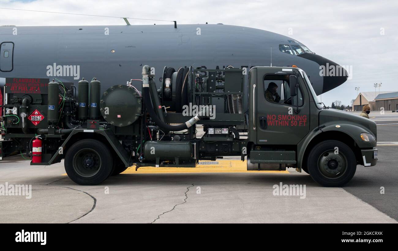 A U.S. Air Force 92nd Logistics Readiness Squadron fuel truck prepares ...