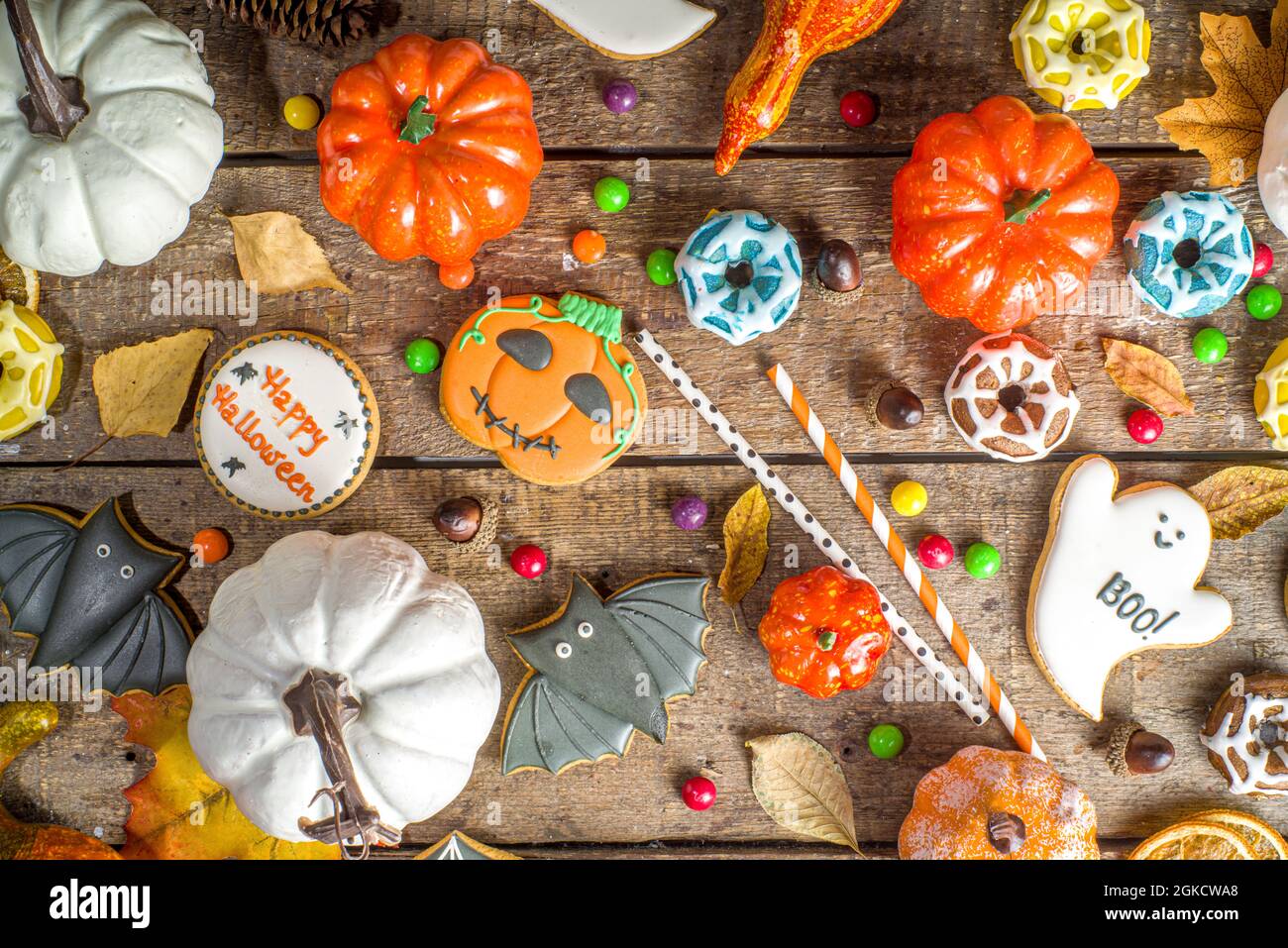 Halloween cookies, sweets and decor background. Trick or treat concept ...