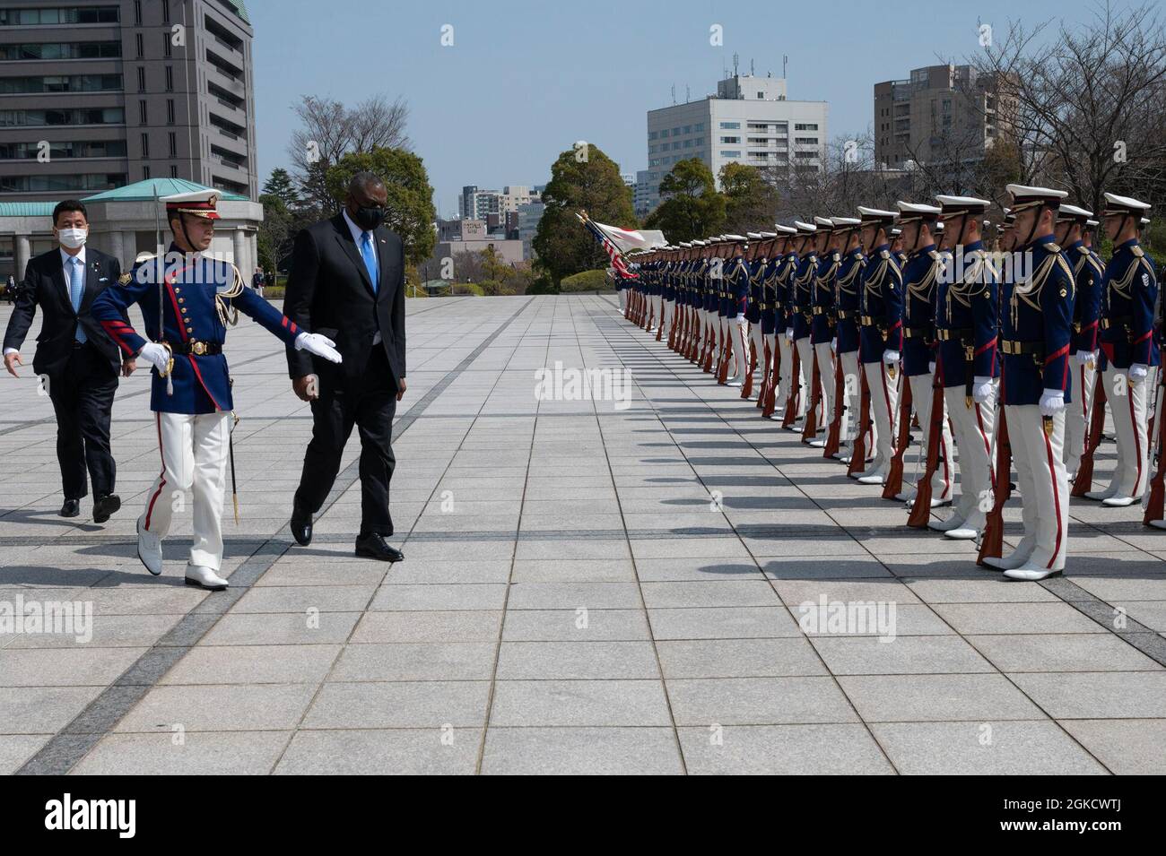 Secretary of Defense Lloyd J. Austin III is welcomed in an honor cordon ...
