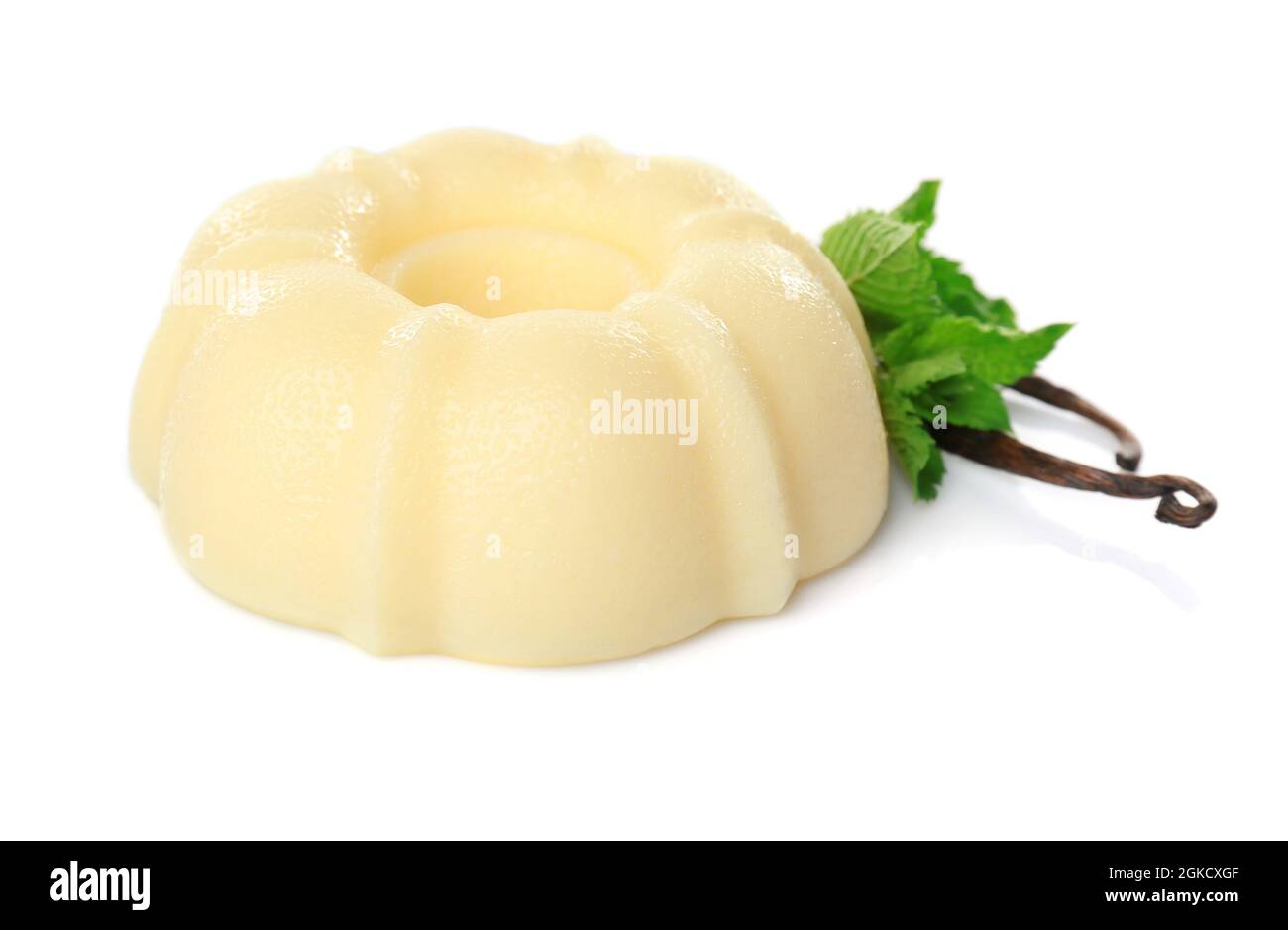 Delicious vanilla pudding on white background Stock Photo - Alamy
