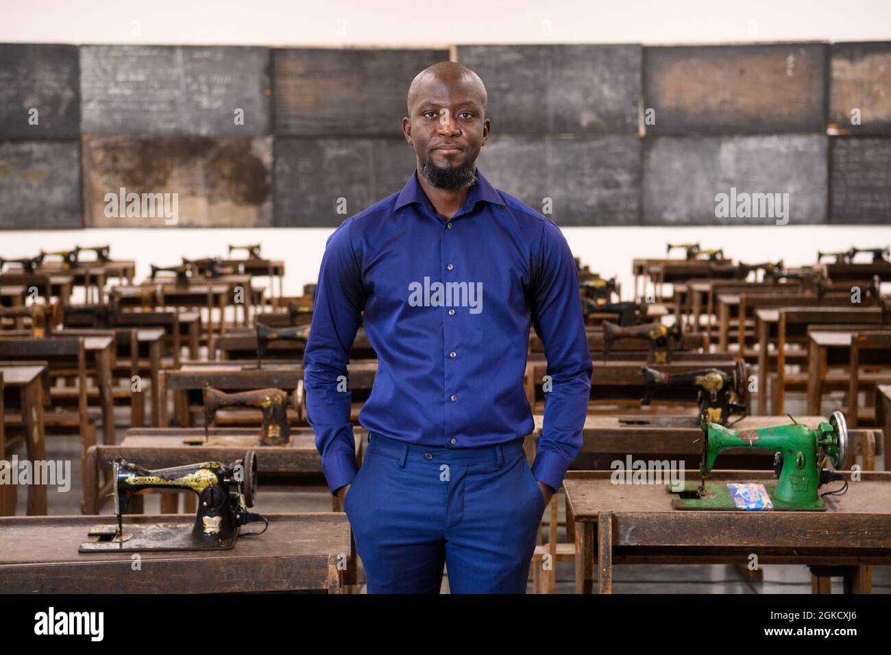 London, UK. 14 September 2021. Ibrahim Mahama pictured with his artwork ...