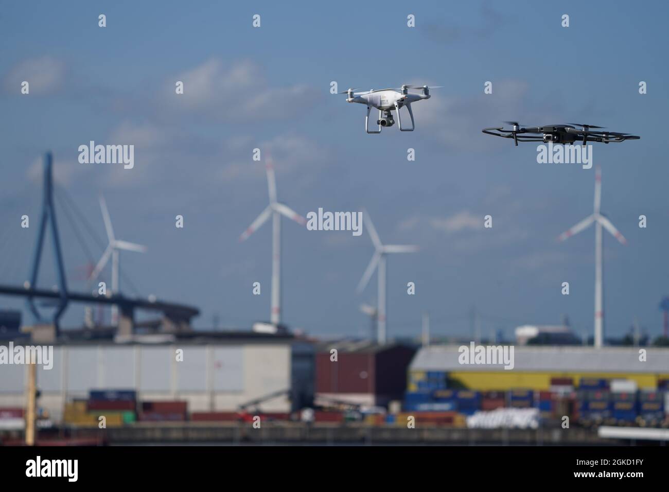 Hamburg, Germany. 14th Sep, 2021. Two drones fly during a press event ...