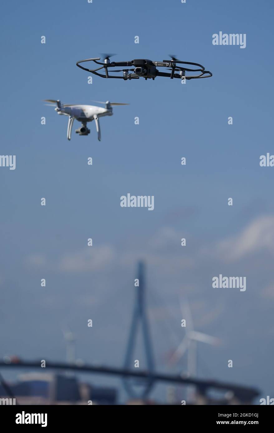Hamburg, Germany. 14th Sep, 2021. Two drones fly during a press event ...