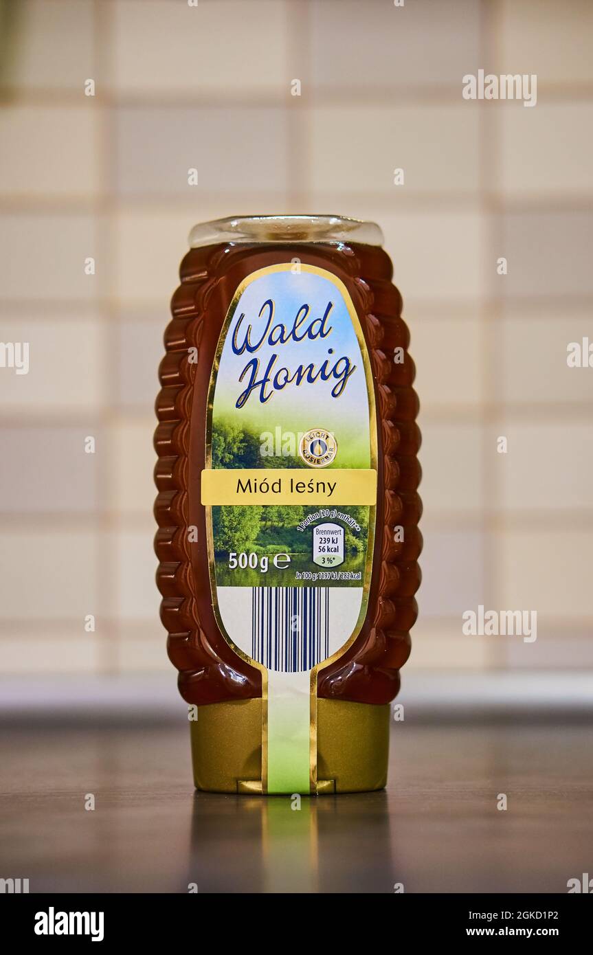 POZNAN, POLAND - Dec 12, 2017: A plastic bottle of german forest honey ...