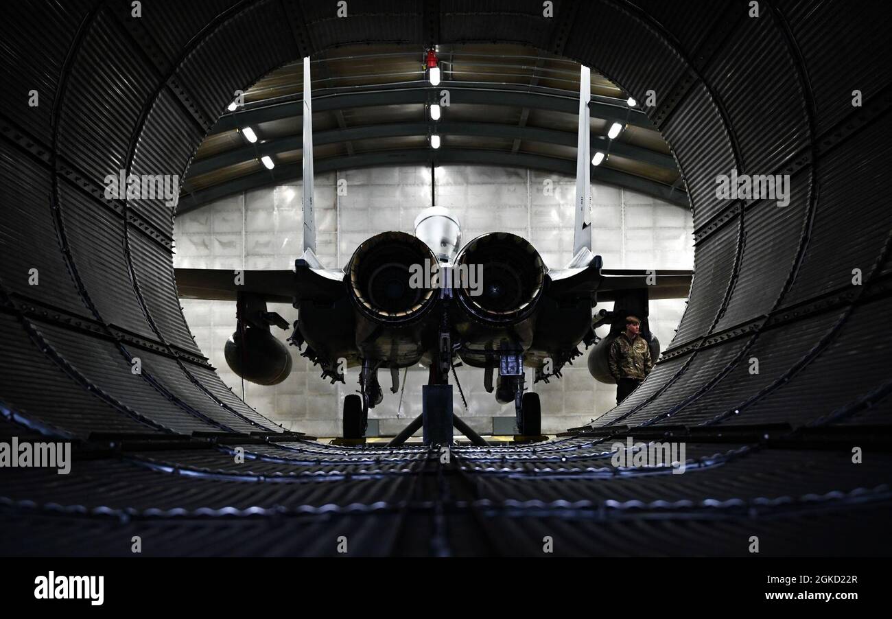 An F-15E Strike Eagle assigned to the 494th Fighter Squadron stands ...