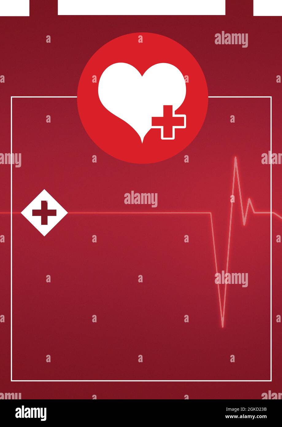 Medical symbol, heart and heart rate monitor icons against red ...