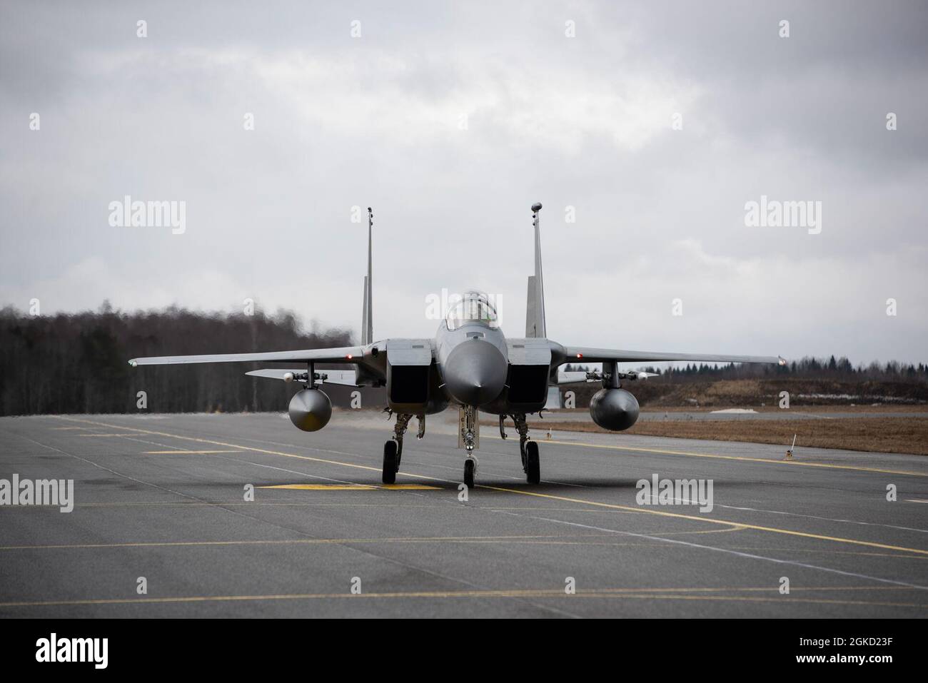 An F-15C Eagle assigned to the 493rd Fighter Squadron returns from a ...