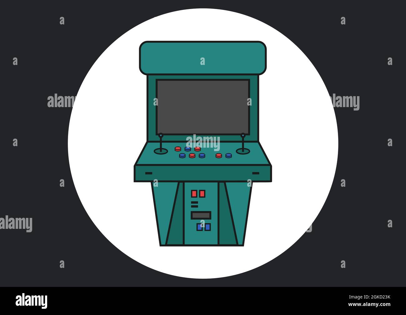 Digitally generated image of arcade game machine icon on round white ...