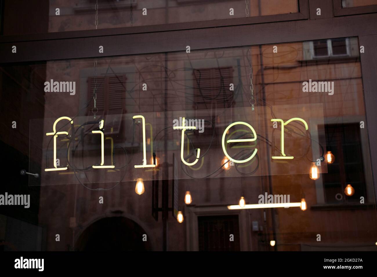 Filter neon letters on a glass Stock Photo - Alamy