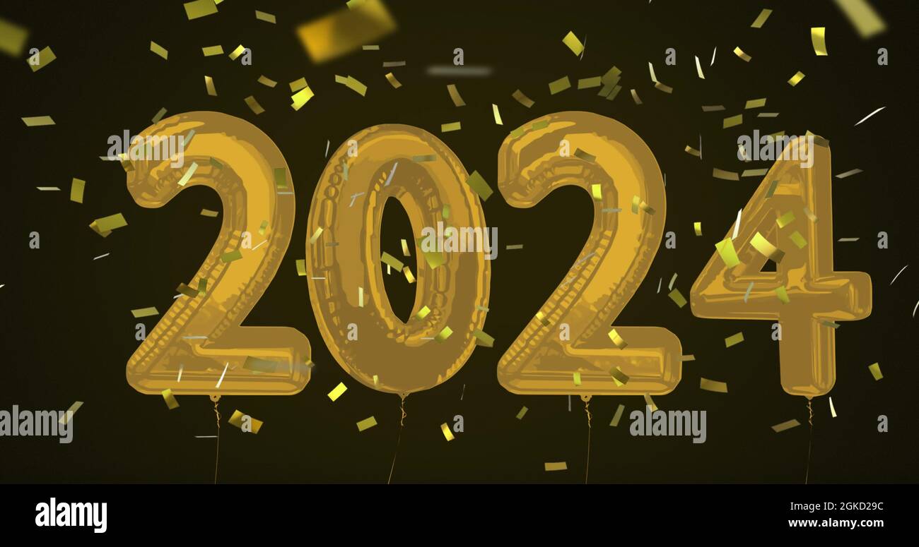 Image of 2024 balloons flying and falling confetti over black ...