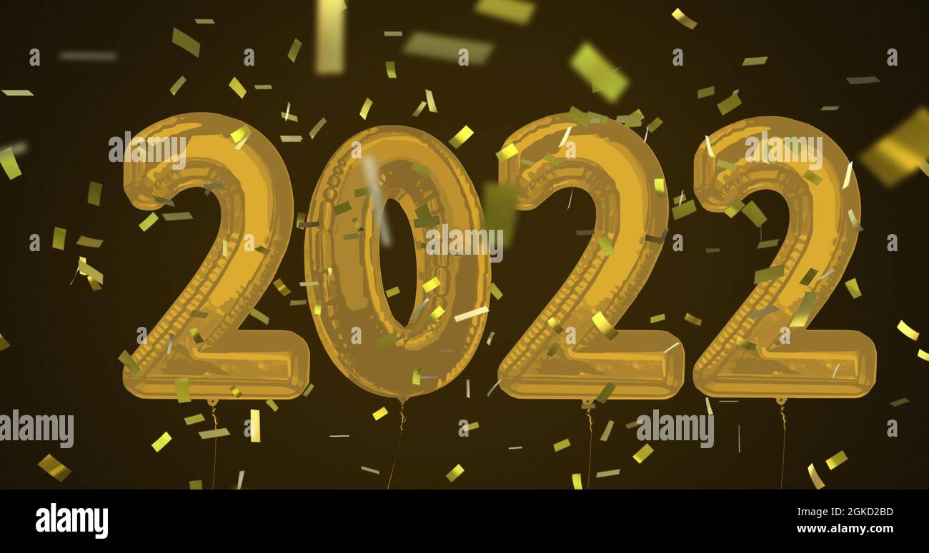 Image of 2022 balloons flying and falling confetti over black ...
