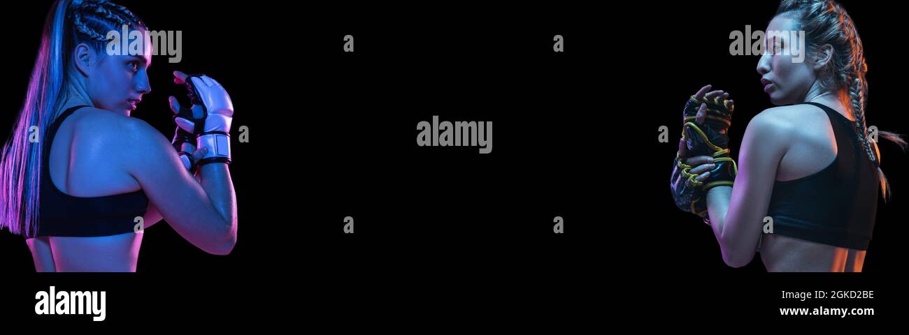 Sport collage of two girls, professional MMA fighters isolated over ...