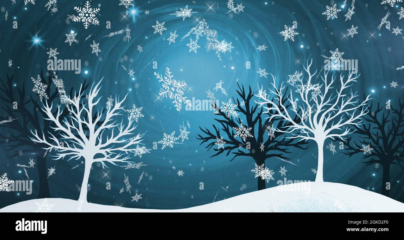 Image of snow falling over trees on glowing blue background Stock Photo ...