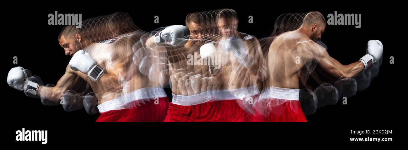Sport collage of professional boxer training isolated over black ...