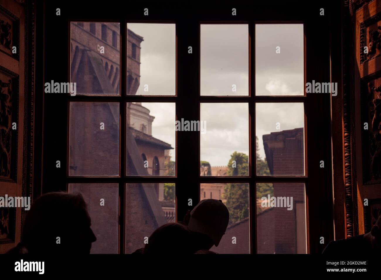 A view of outside from inside of a dark room in a Italian museum Stock ...