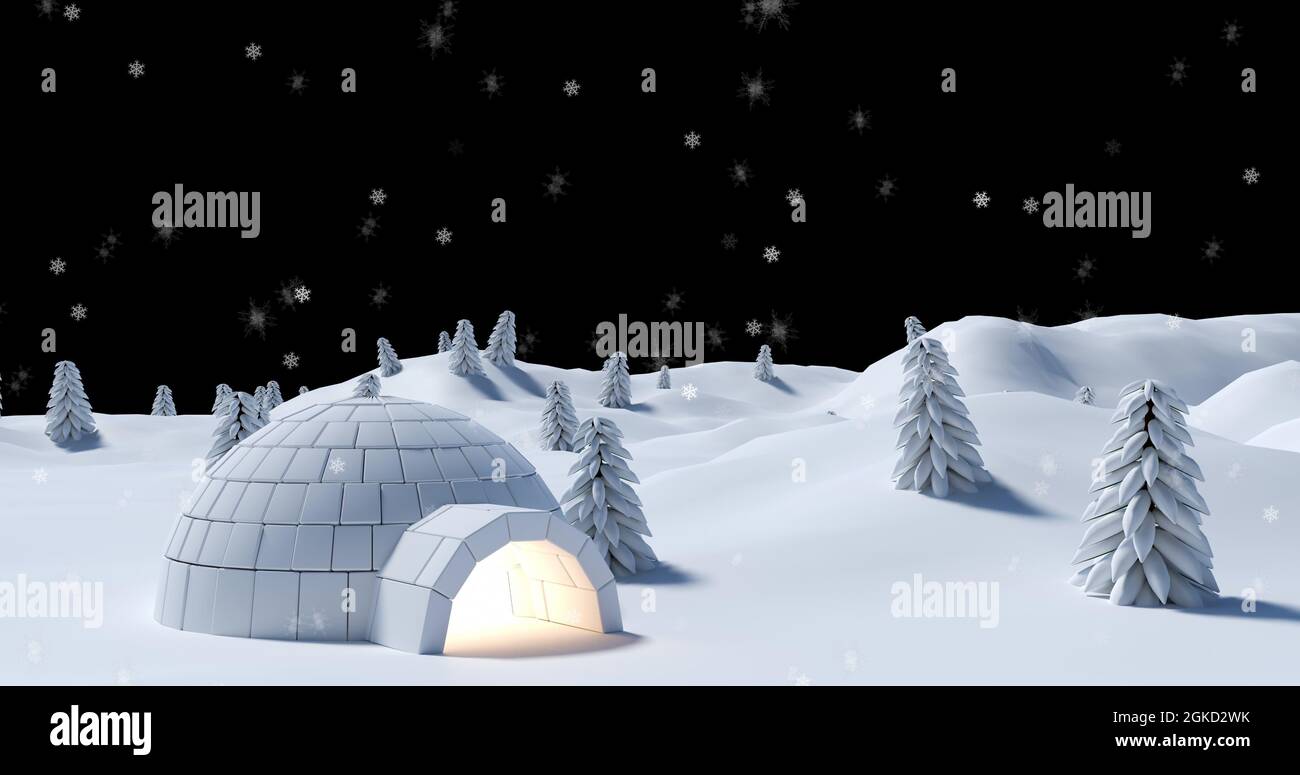 Digital image of snow falling over igloo on winter landscape against ...