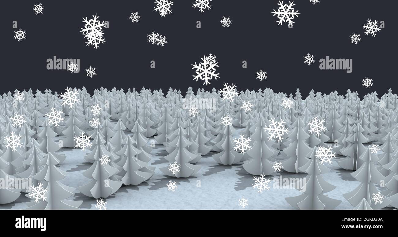 Digital image of snowflakes falling over multiple trees on winter ...