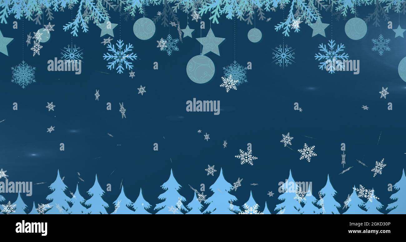 Digital image of snowflakes falling over christmas decorations hanging ...