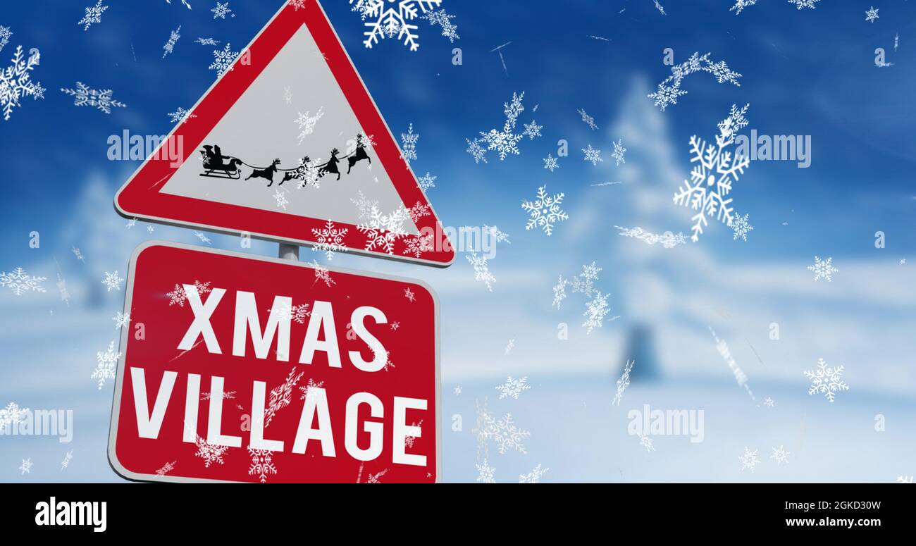 Digital image of snowflakes falling over santa claus in sleigh being ...