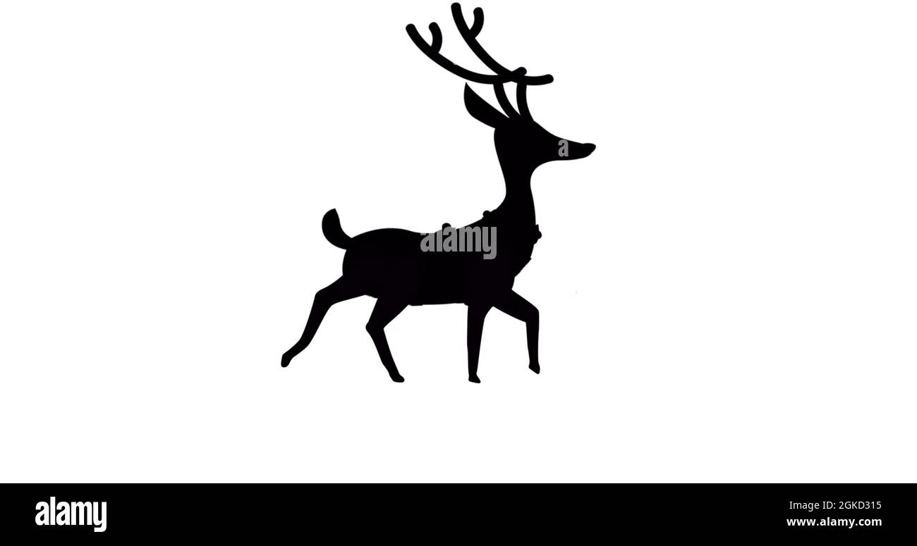 Digital image of black silhouette of reindeer walking against white ...