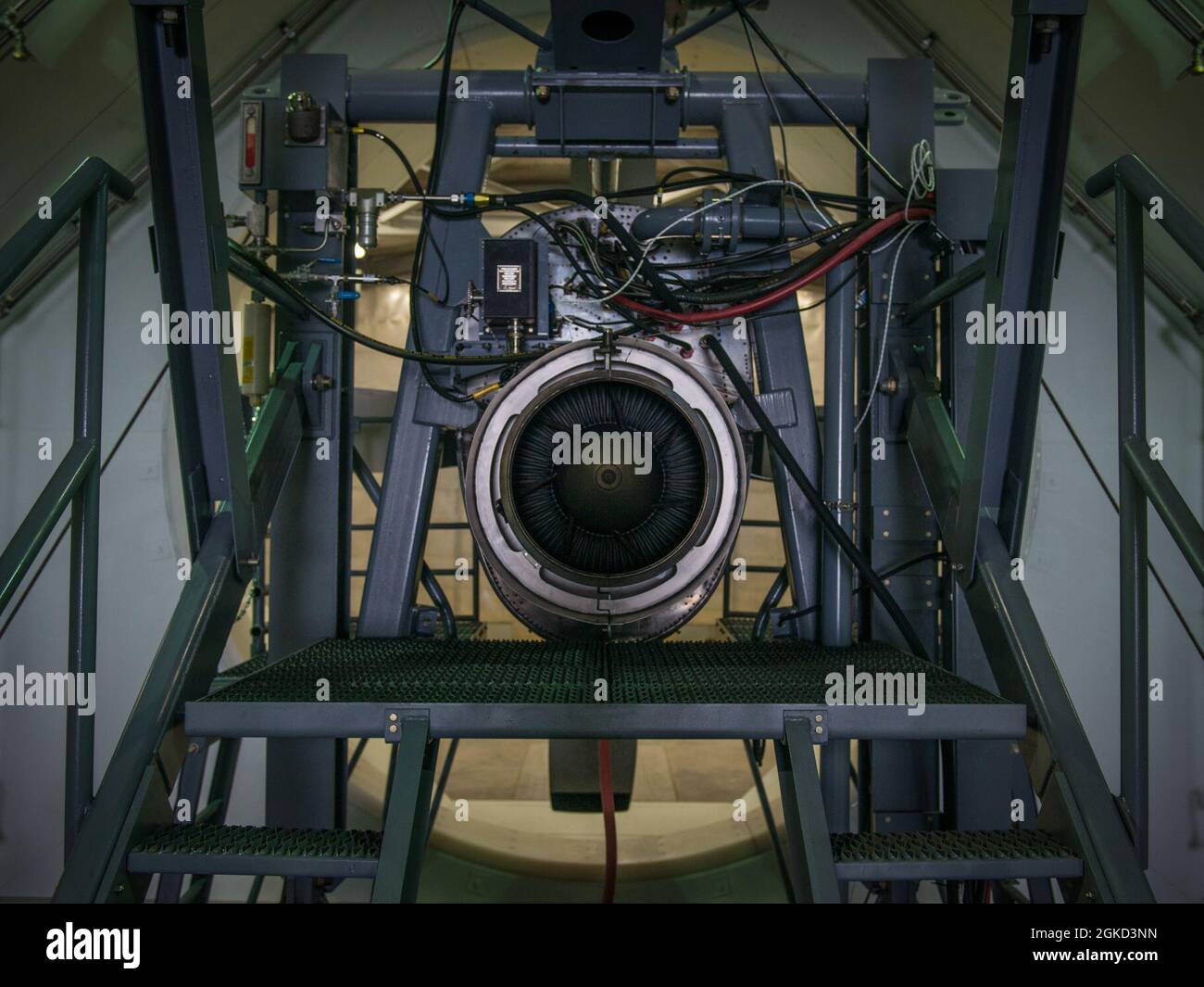 A T56 turboprop engine is mounted to a test cell inside a T-10 Hush ...
