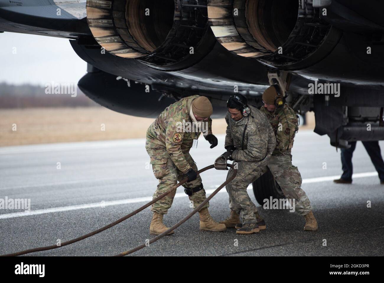 Airmen assigned to the 48th Aircraft Maintenance Squadron release the ...