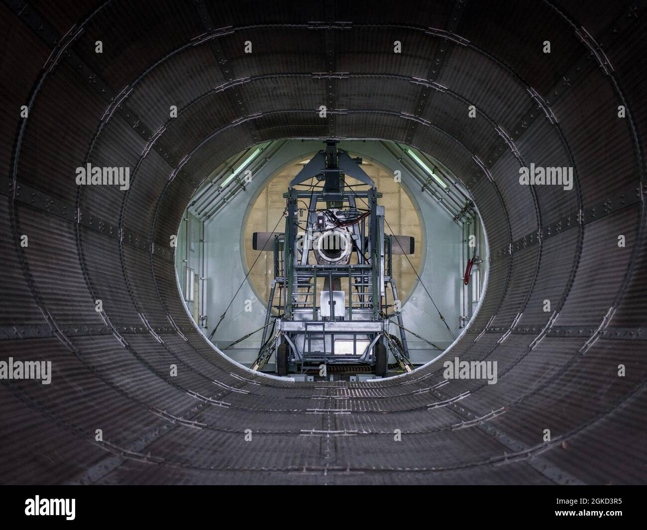 A T56 turboprop engine is mounted to a test cell inside a T-10 Hush ...