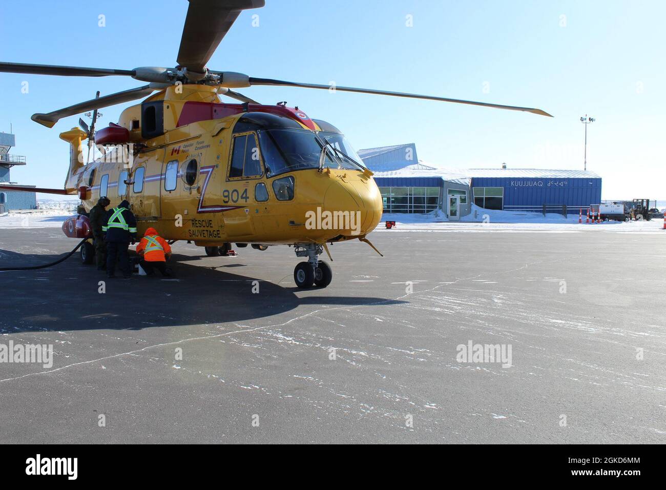 RCAF CH-149 Cormorant Search and Rescue helicopter from 103 Squadron stops to refuel Kuujjuaq ...