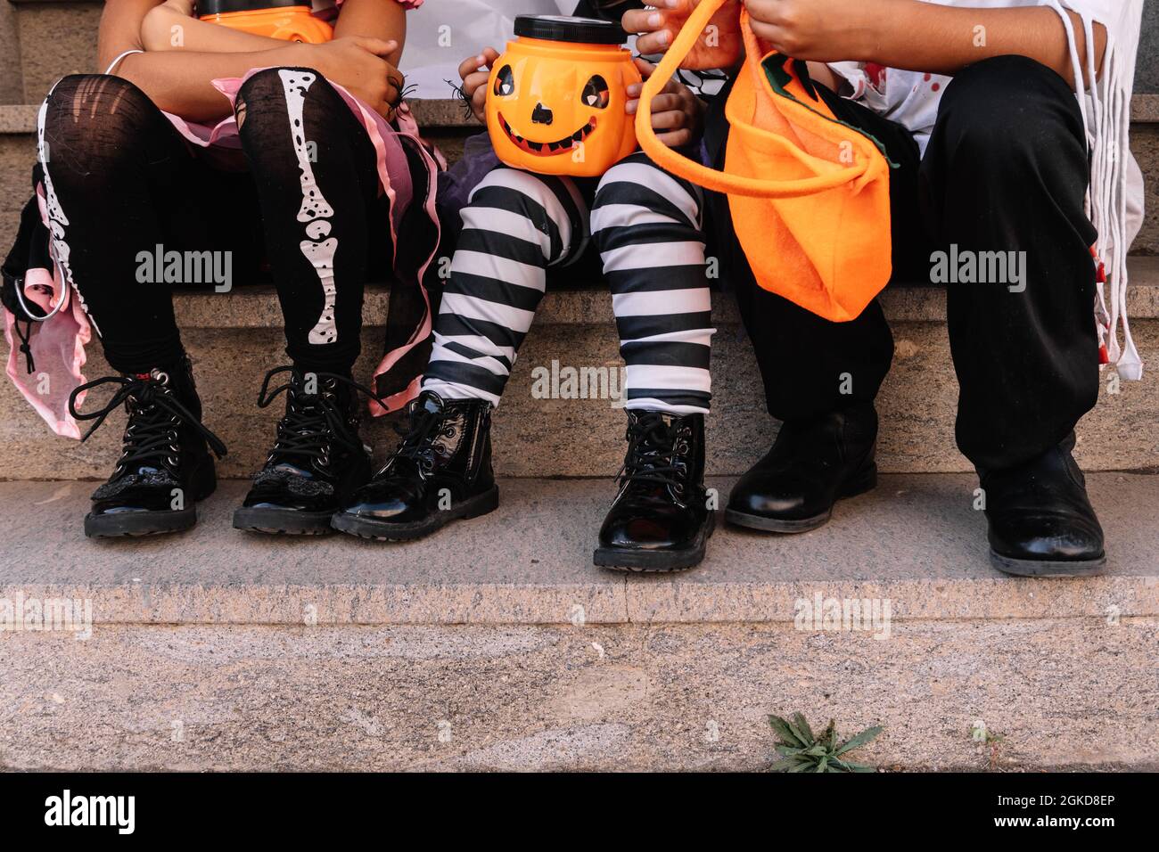 Closeup shot of children in Halloween costumes sitting on a ladder ...