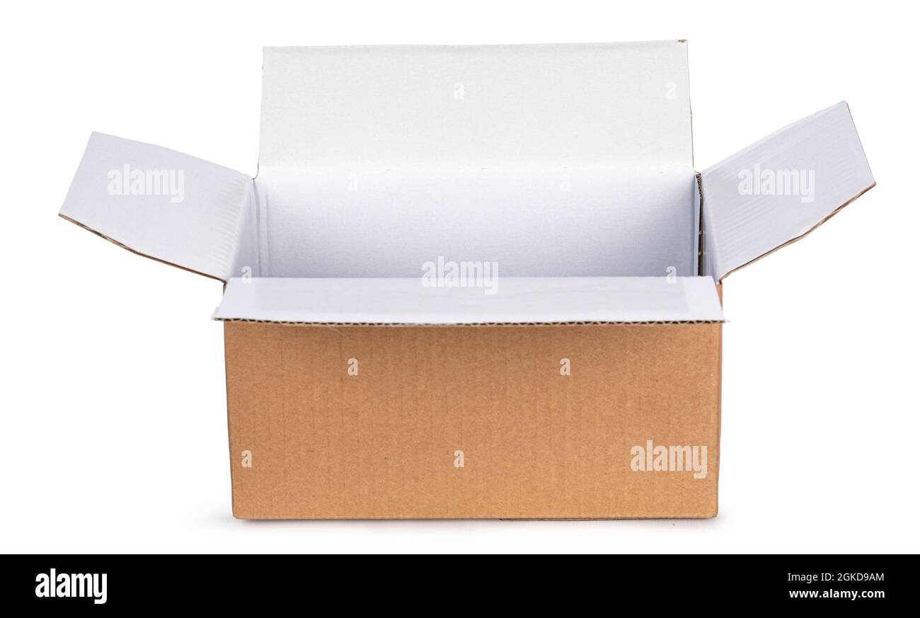 Empty brown carton box, isolated on a white background. White flaps ...