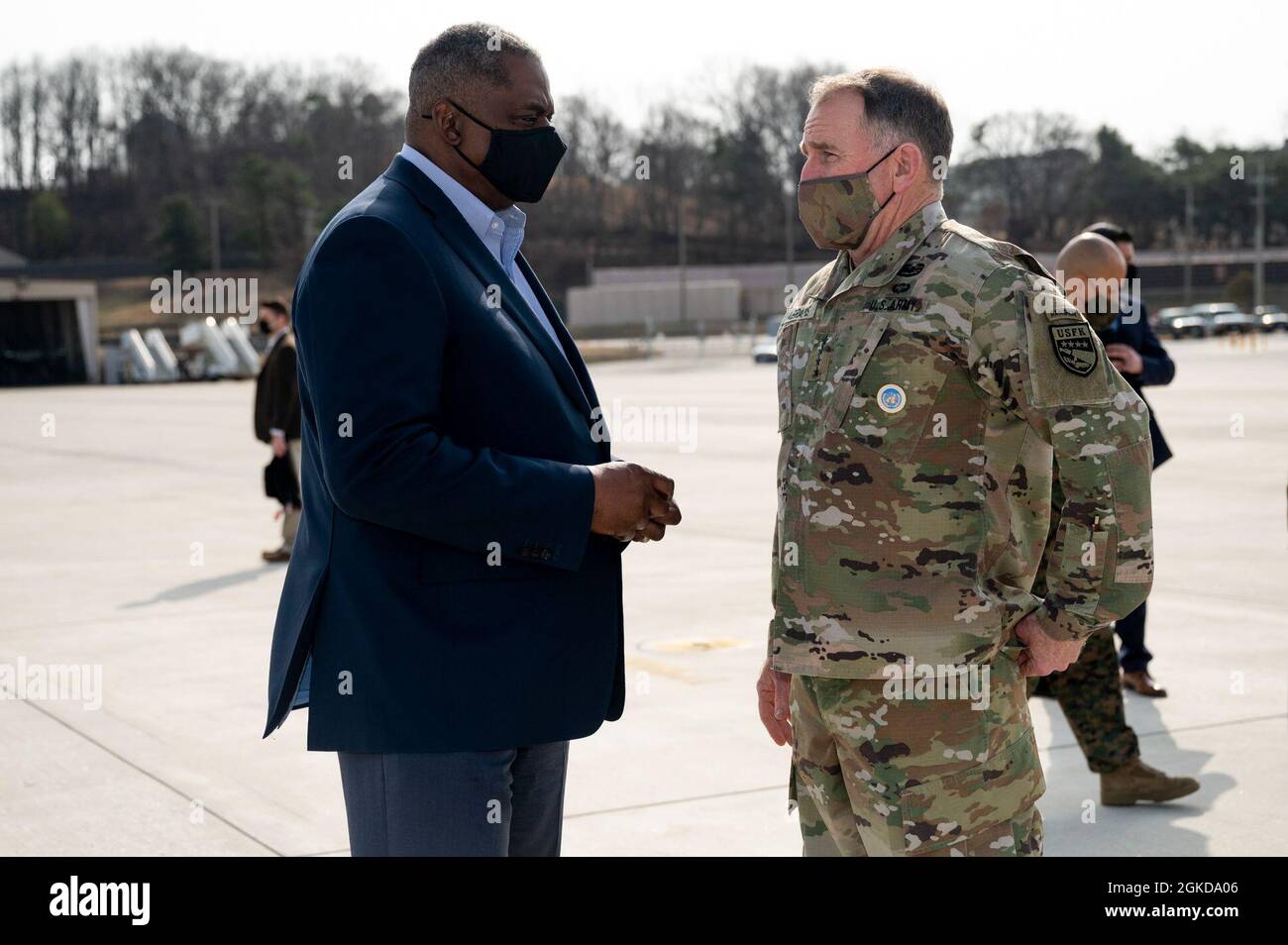 Secretary of Defense Lloyd J. Austin III meets with the commander of U.S Forces Korea, Army Gen ...