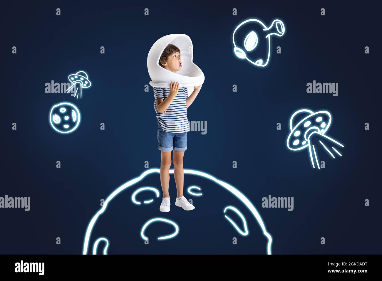 Art collage of little boy astronaut standing on drawing planet isolated ...