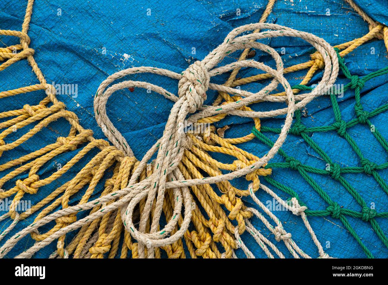 Various fishing nets lie on a blue plastic tarp Stock Photo - Alamy