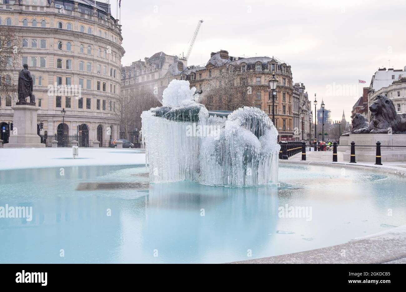 Frozen fountain at Trafalgar Square, London, UK 11 February 2021 ...