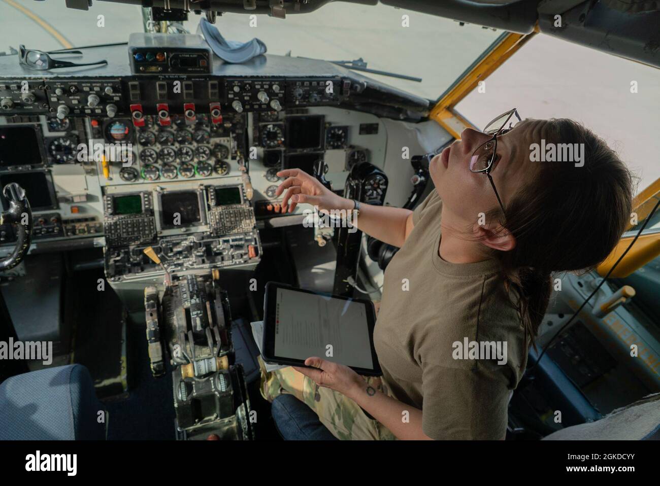 A U.S. Air Force KC-135 Stratotanker aircraft crew member assigned to ...