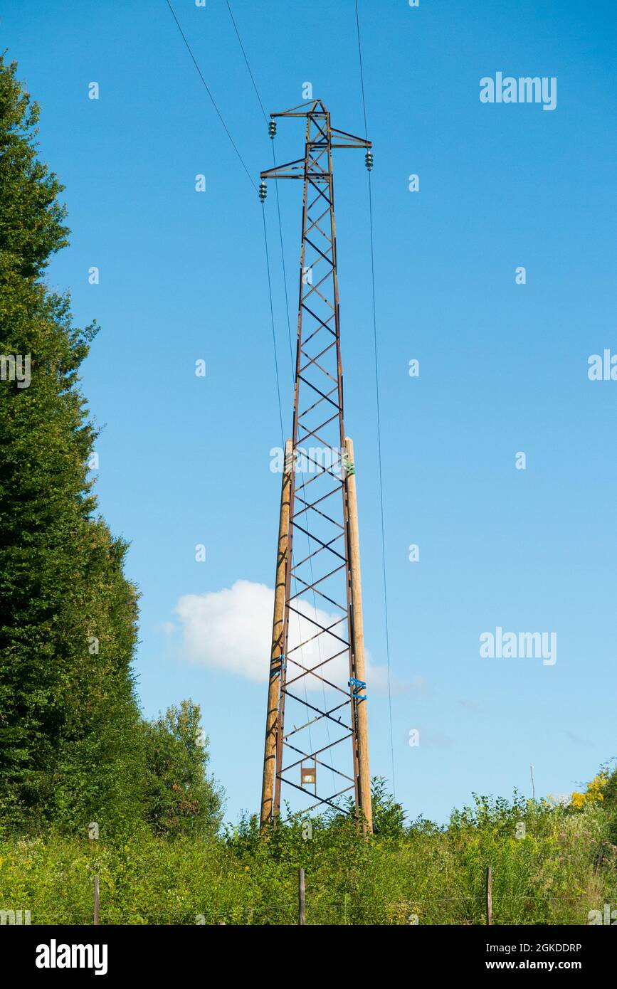 Rather elderly electricity pylon strengthened with wooden tree trunk ...