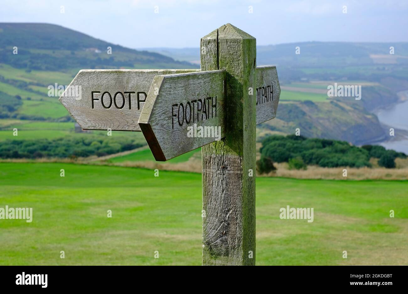 footpath sign at ravenscar coastal landscape, north yorkshire, england ...