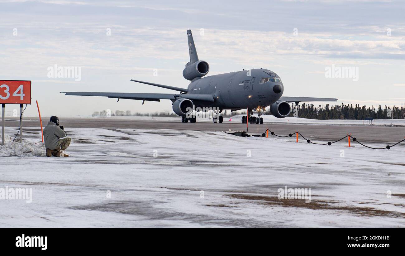 A KC-135 Stratotanker prepares to take off from 5 Wing Goose Bay ...