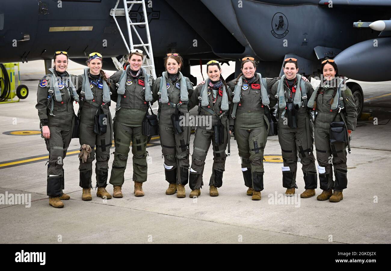 An all-women F-15E Strike Eagle aircrew gathers for a photo prior to ...