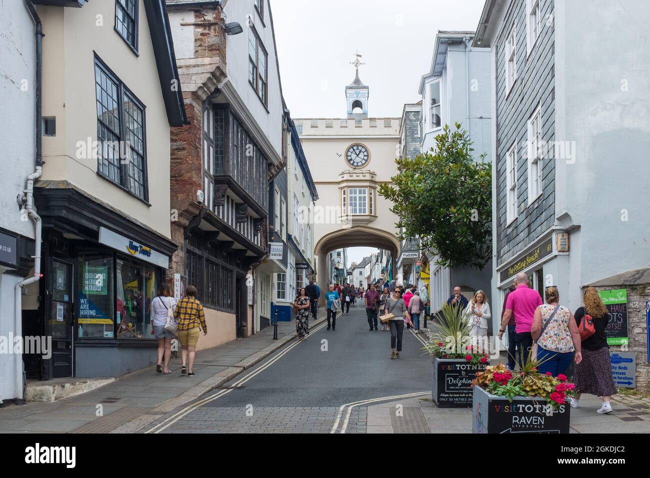 East Gate Tudor arch and clock tower over Totnes High Street, Devon was ...