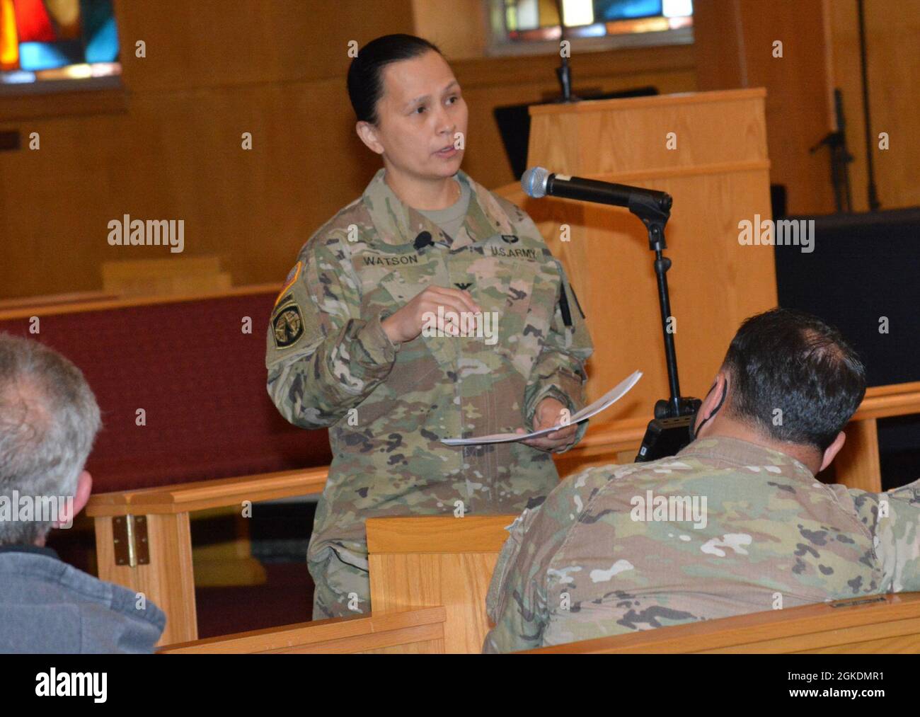 Col. Karin Watson, garrison commander at Fort Lee, Va., explains the ...
