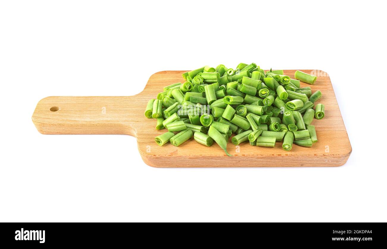 Wooden board with fresh green beans on white background Stock Photo - Alamy